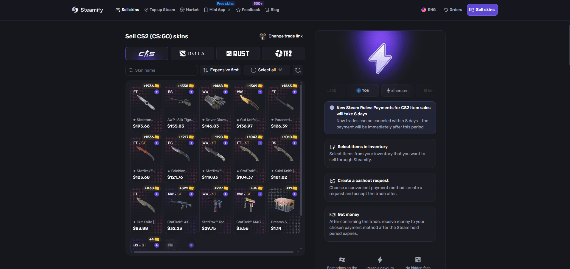 Sell CS:GO/CS2 skins for real money | Great prices — Steamify