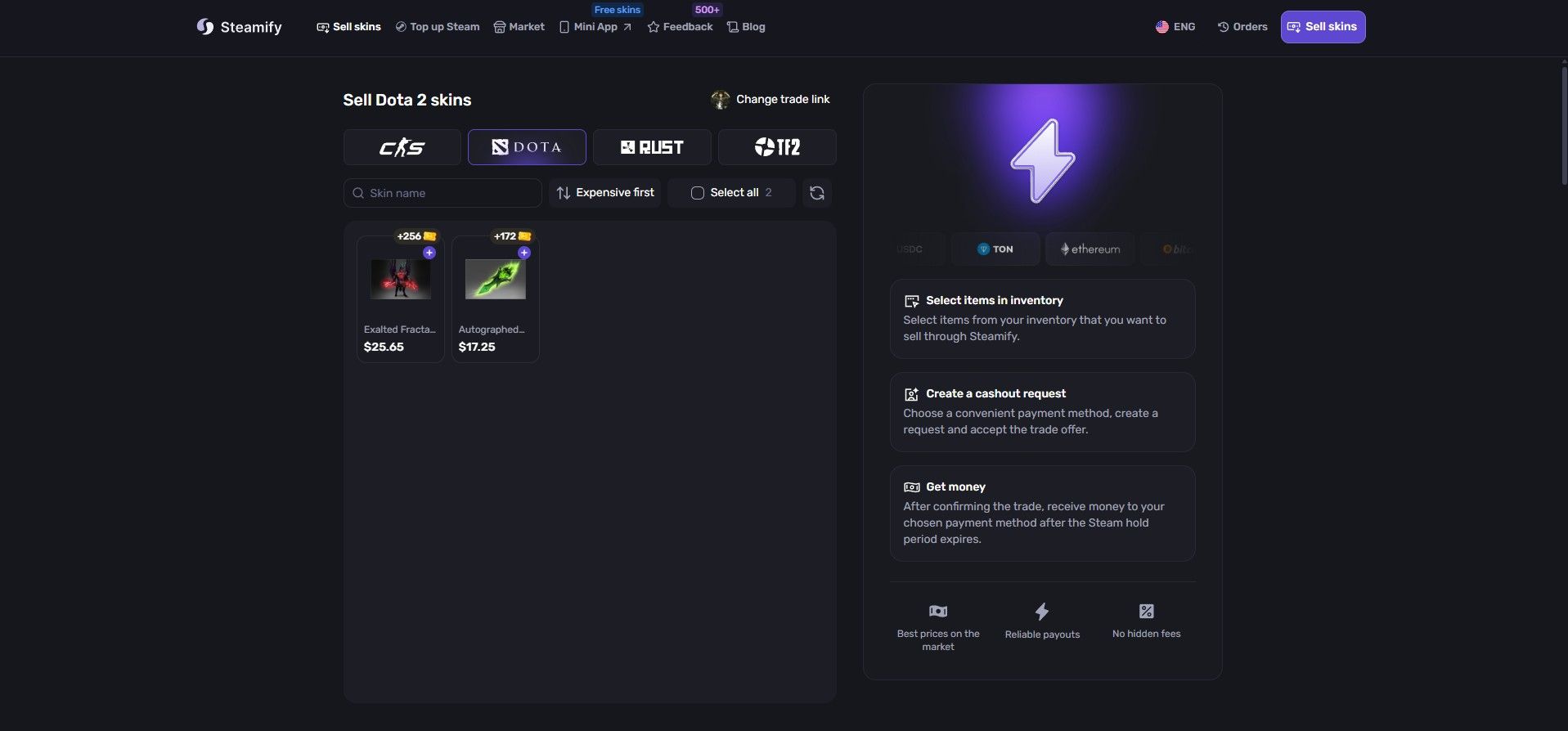 Sell Dota 2 skins for real money | Instant payouts — Steamify